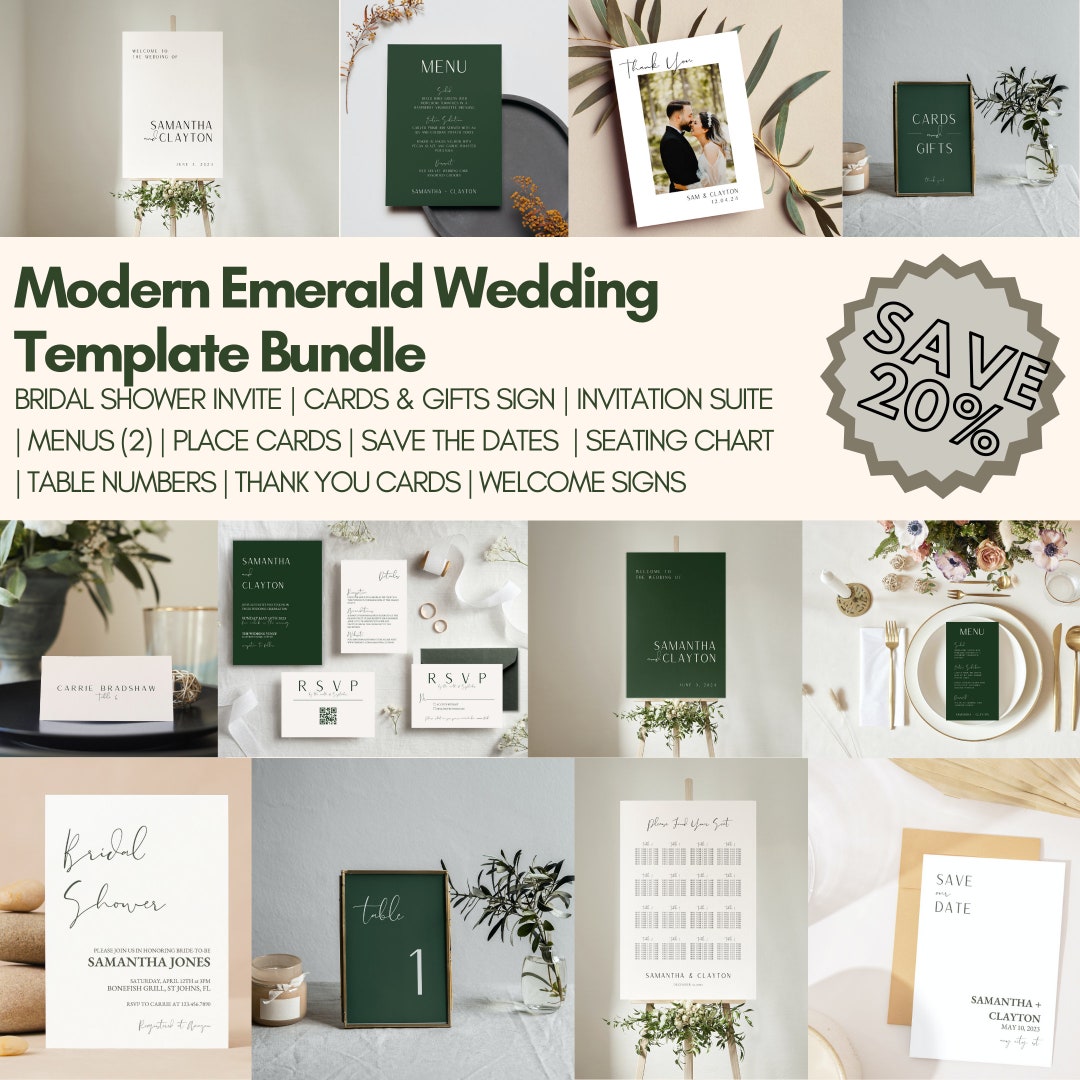 Minimalist Wedding Template Bundle, Script Wedding Template Bundle, Emerald Green Classic ...