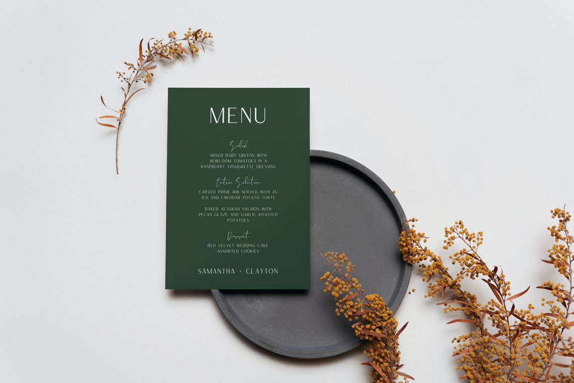 Minimalist Wedding Menu Template, Script Wedding Menu Template, Emerald ...