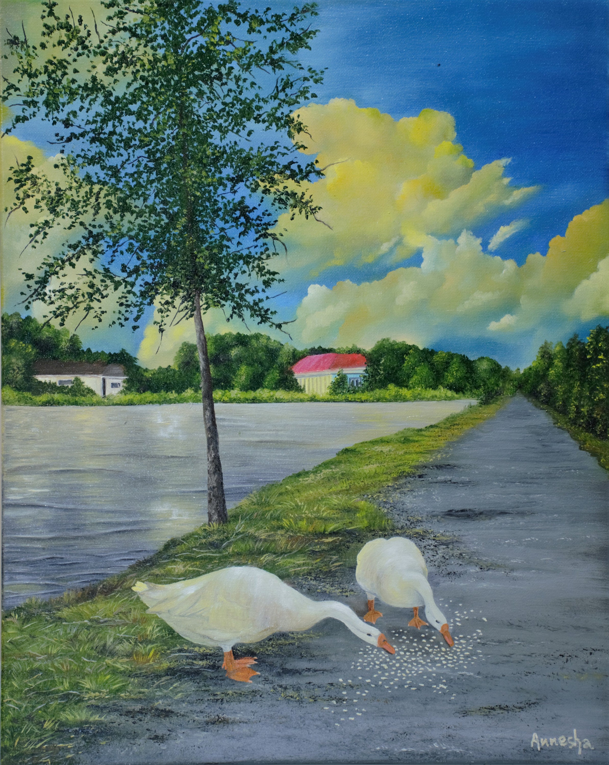 Duck Painting, the Sunset View of A Serene Neutral Landscape Oil ...
