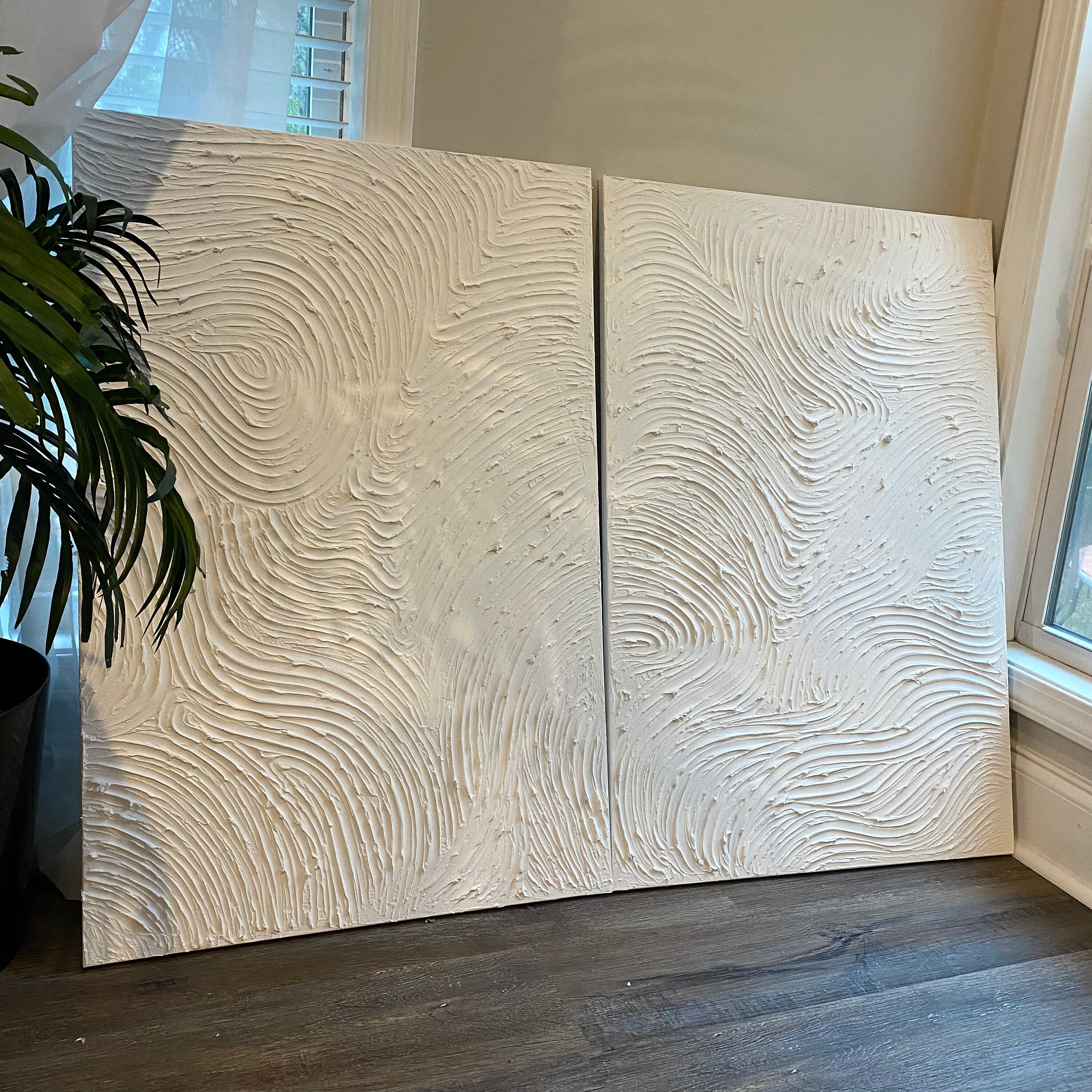 Large Minimalistic Living Room Art Set, White Textured Painting ...