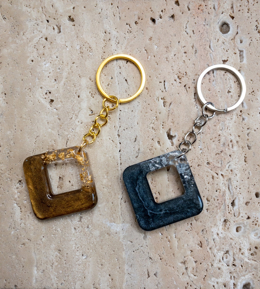 Resin and Foil Leaf Keychain. Square Customizable Split Keyring - Etsy