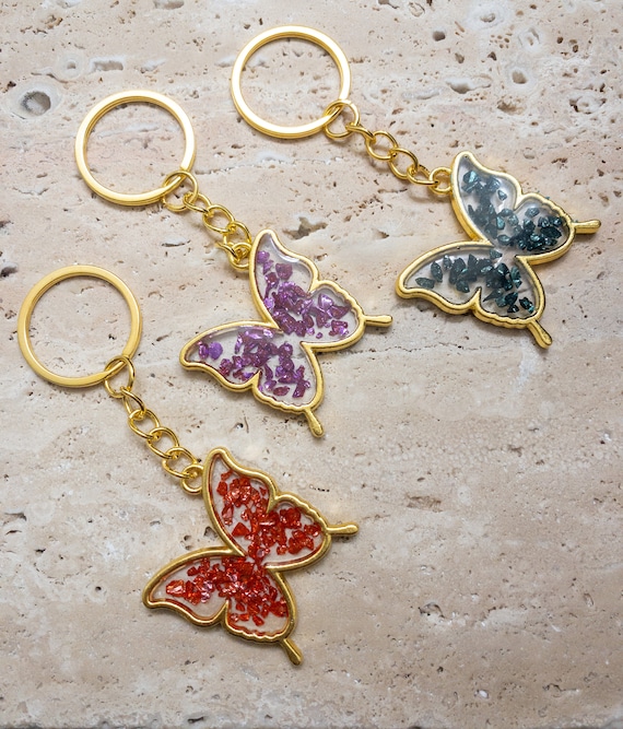 Crushed Glass in Resin Keychain. Gold Butterfly Metal Split - Etsy