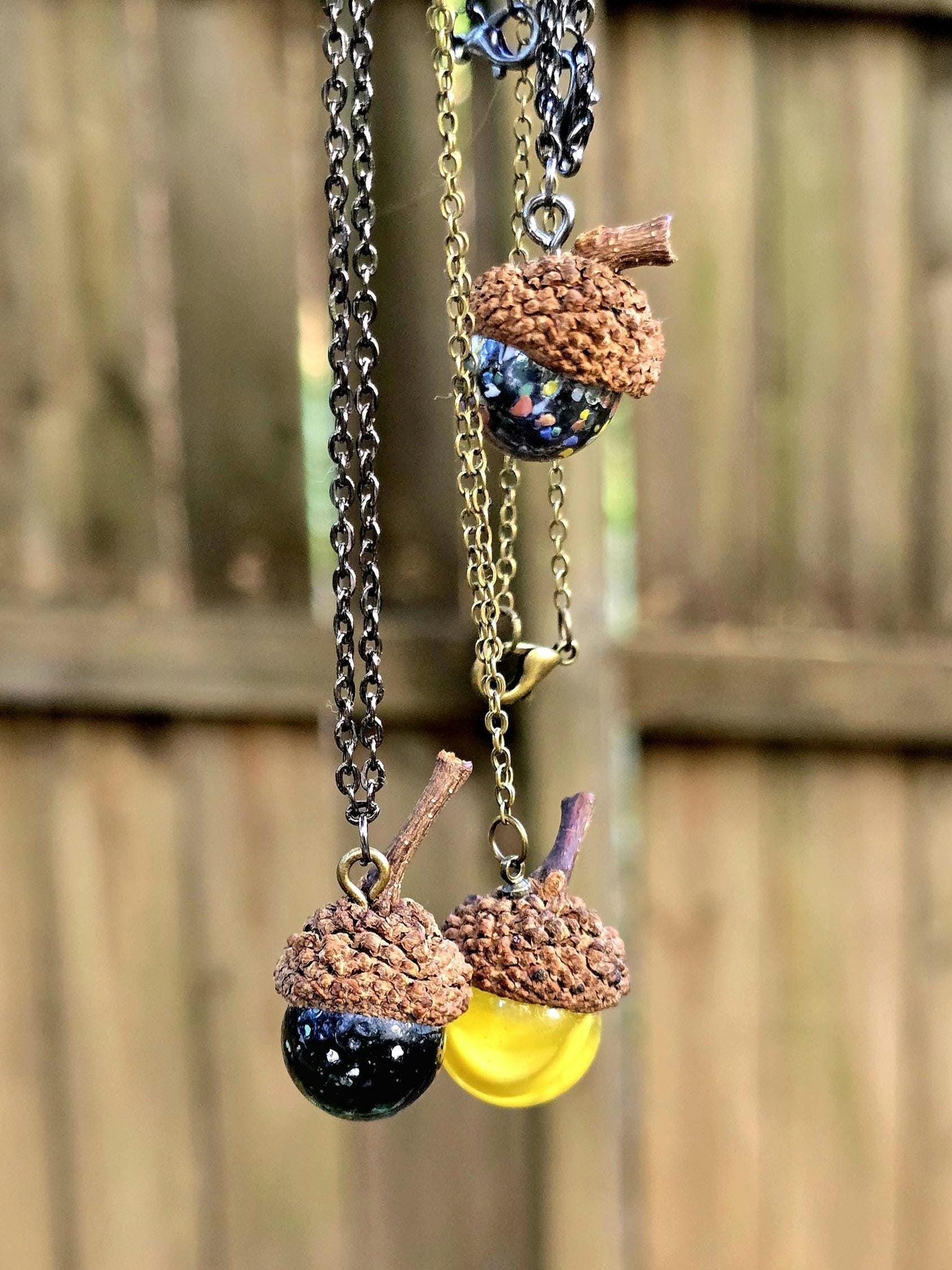 Glass Marble Acorn Necklace – Real Acorn Cap Pendant – Woodland Nature ...