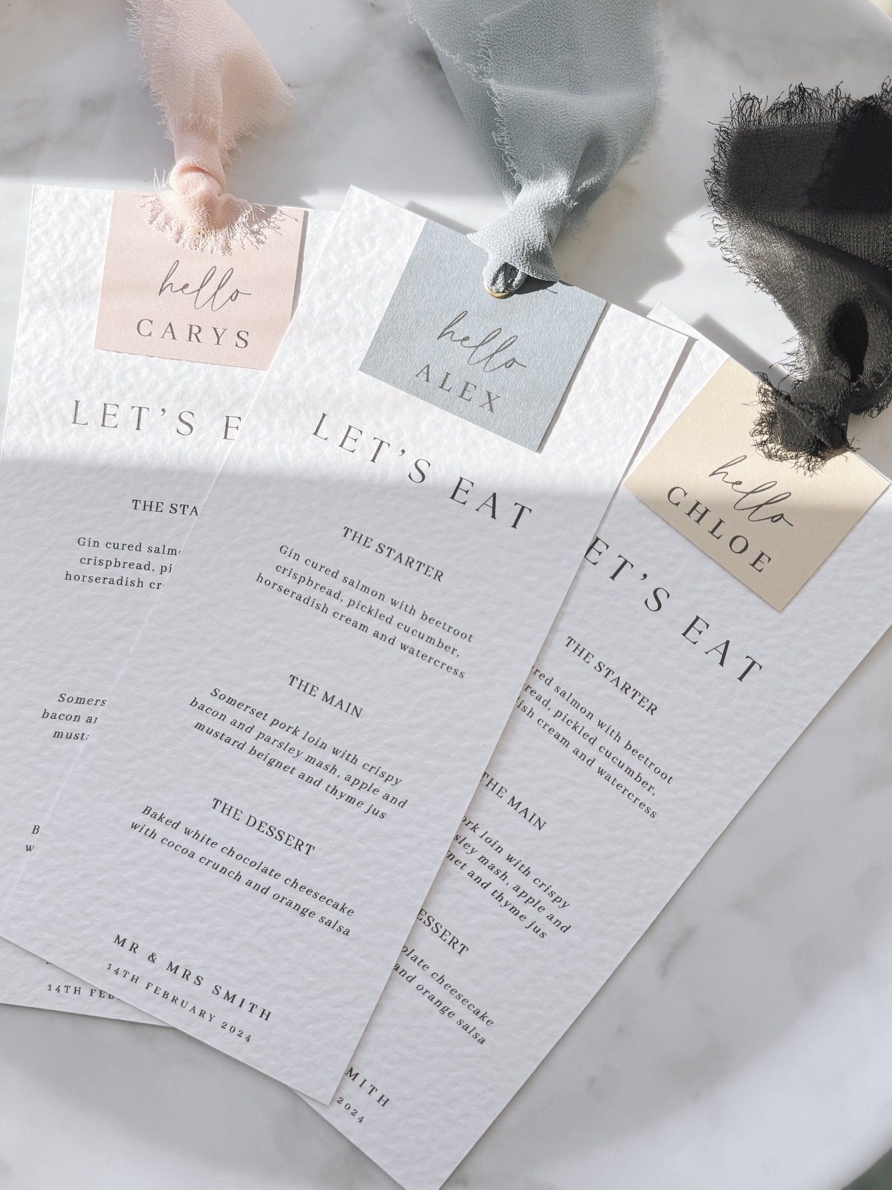 Wedding Menu, Personalised Wedding Menu With Place Name, Chiffon Ribbon ...