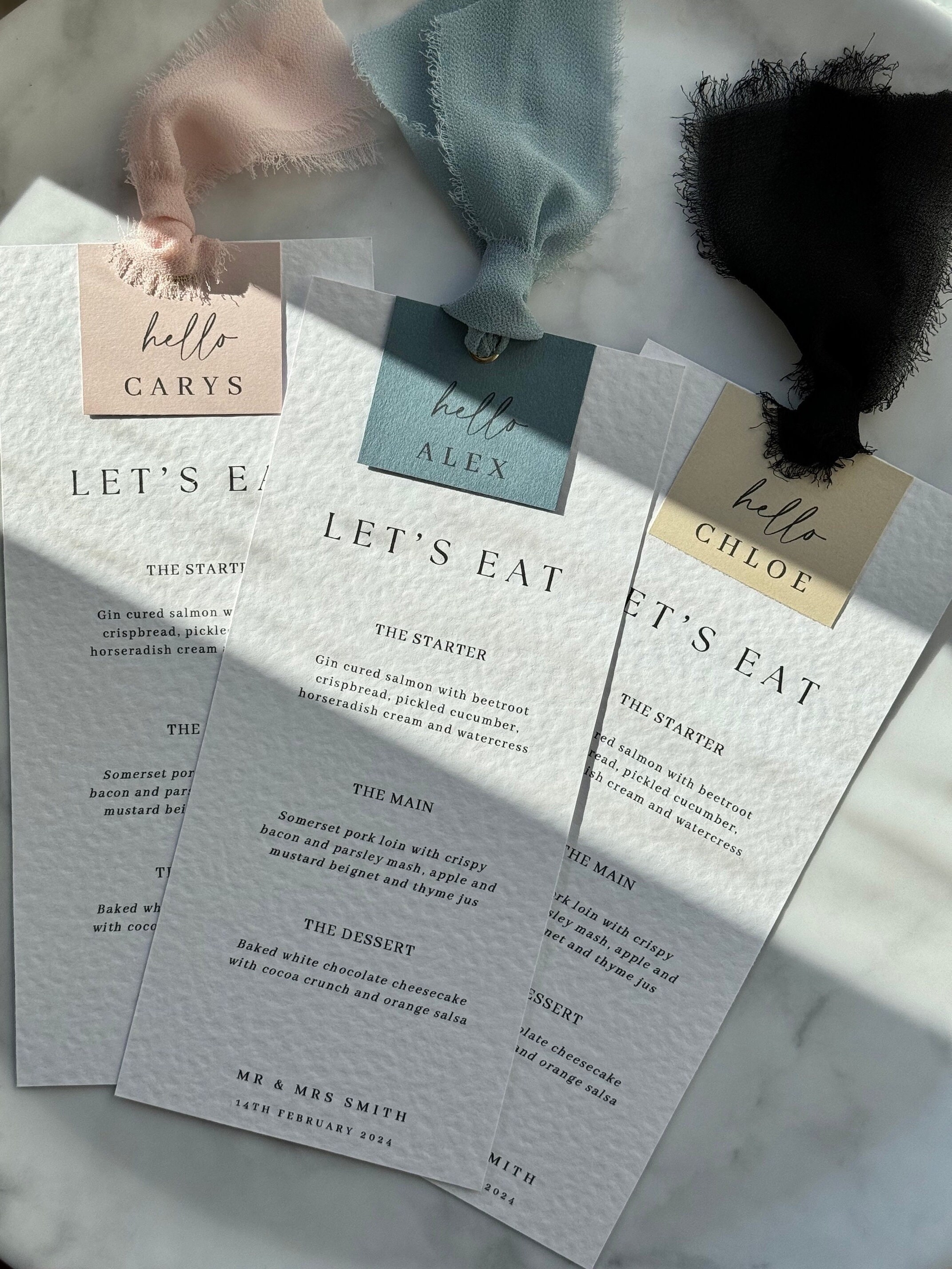 Wedding Menu, Personalised Wedding Menu With Place Name, Chiffon Ribbon ...