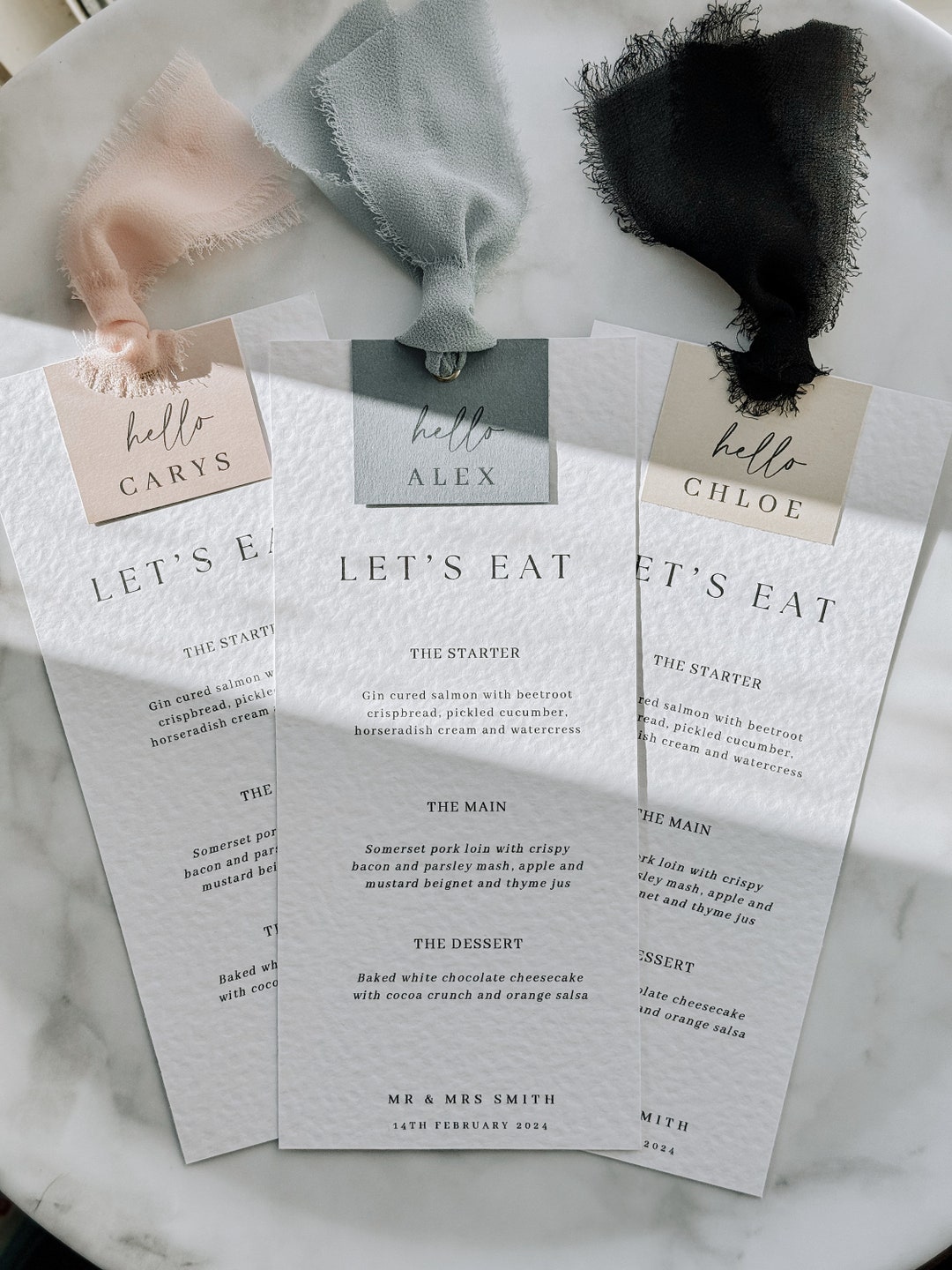 Wedding Menu, Personalised Wedding Menu With Place Name, Chiffon Ribbon ...