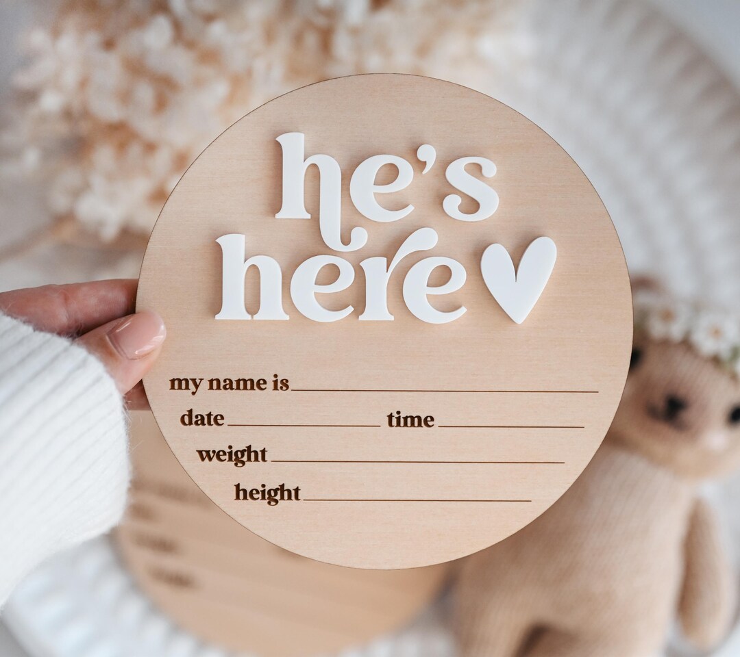He's Here Baby Announcement Plaque | She's Here | Newborn Birth ...