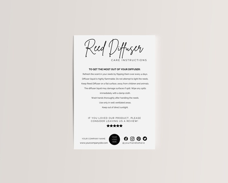 Reed Diffuser Care Card Template / 4' X 6' / Editable - Etsy Australia