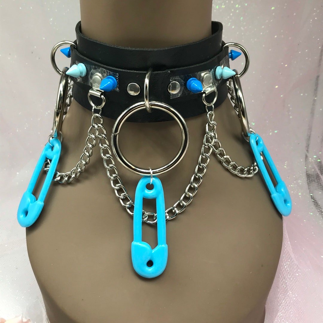 Black “ Safety Pin “ Pastel Kawaii Emo Goth Choker Necklace Collar Blue ...