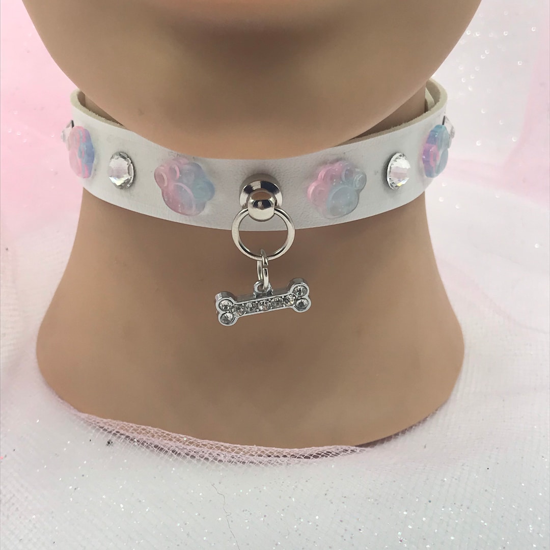 White “ Paws & Bones “ Pastel Goth Kawaii Choker Necklace Collar Paw ...