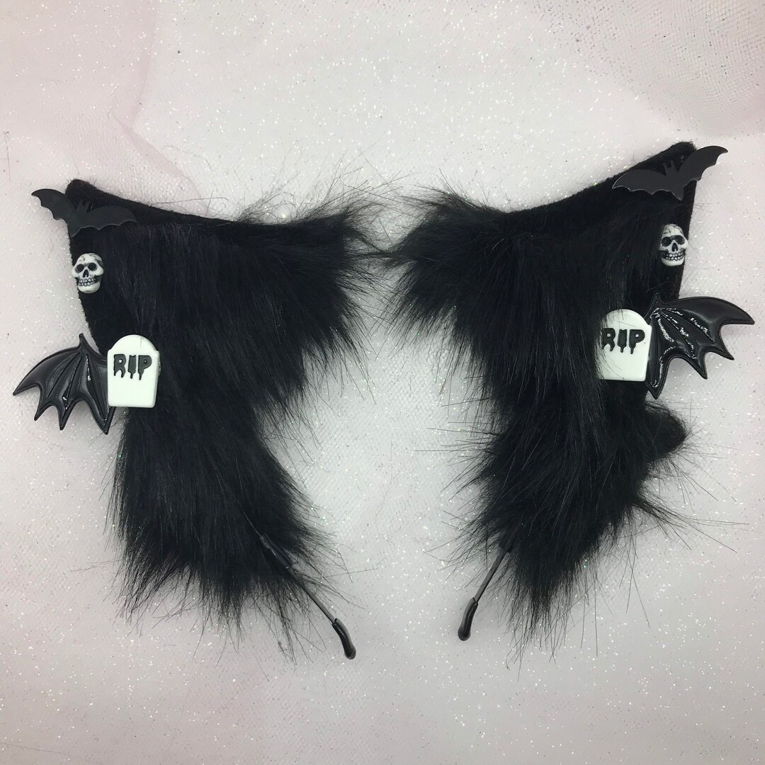 Black / White “ Batty” Cat Pastel Kawaii Kitten Cat Ears Witch Headband ...