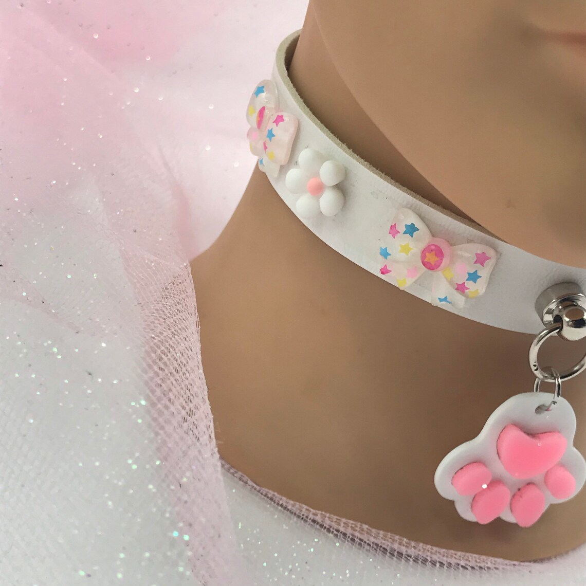 White Bowed Paws Pastel Goth Kawaii Choker Necklace Collar - Etsy