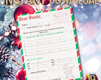 Santa Wish List Printable for Kids Christmas Letter Template Instant ...
