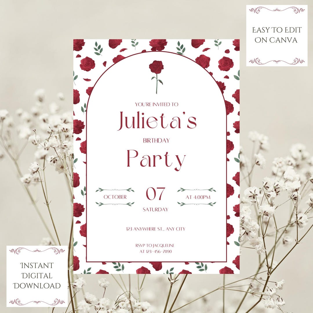 June Birth Flower Birthday Invitation, Editable Digital Template ...