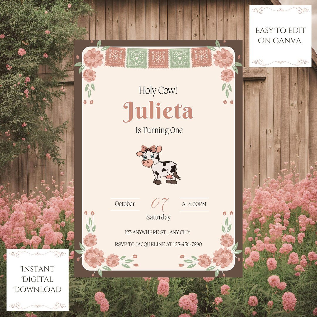 Holy Cow Girl Birthday Party Invitation, Editable Digital Template - Etsy