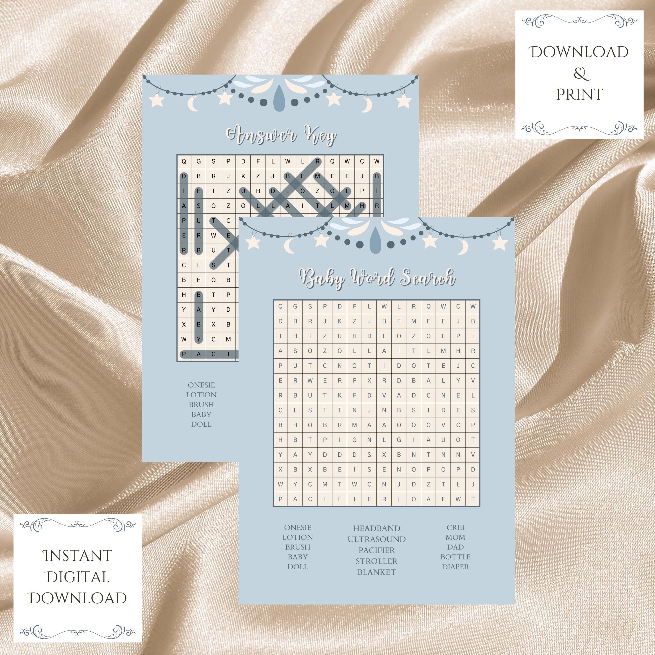 Blue Word Search Baby Shower Game, Digital Printable Download ...