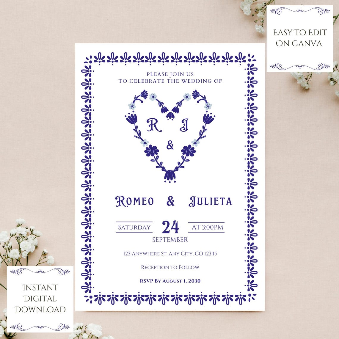 Blue Talavera Heart Wedding Invitation, Editable Digital Template ...