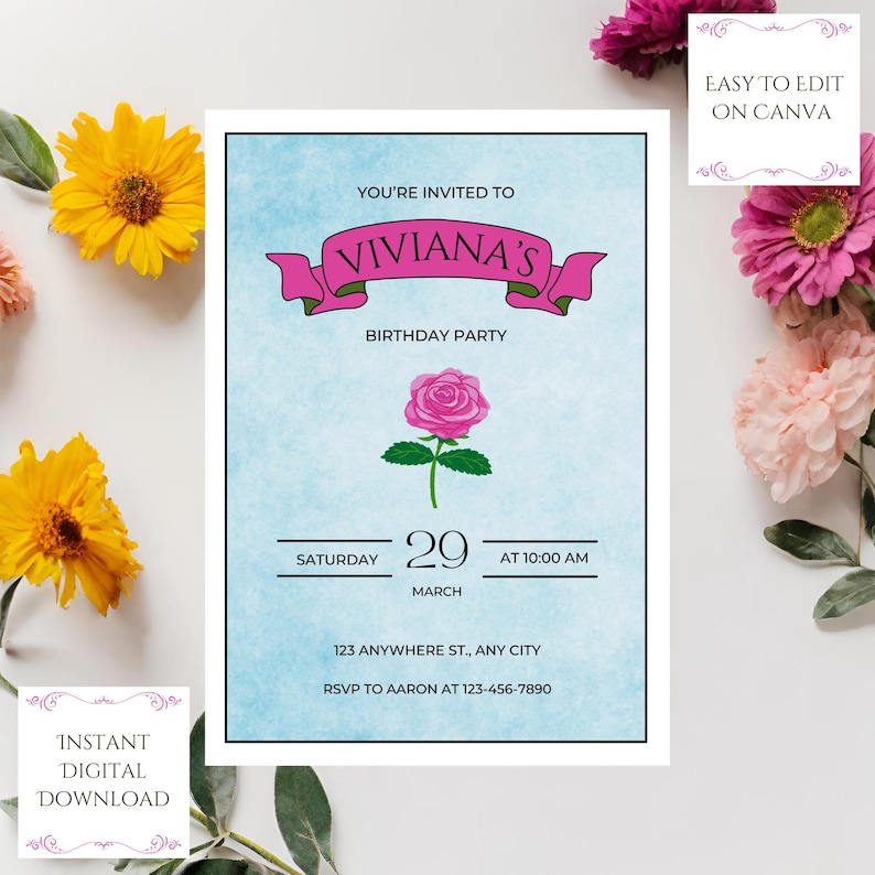 Pink Rose Loteria Birthday Party Invitation, Editable Digital Template ...