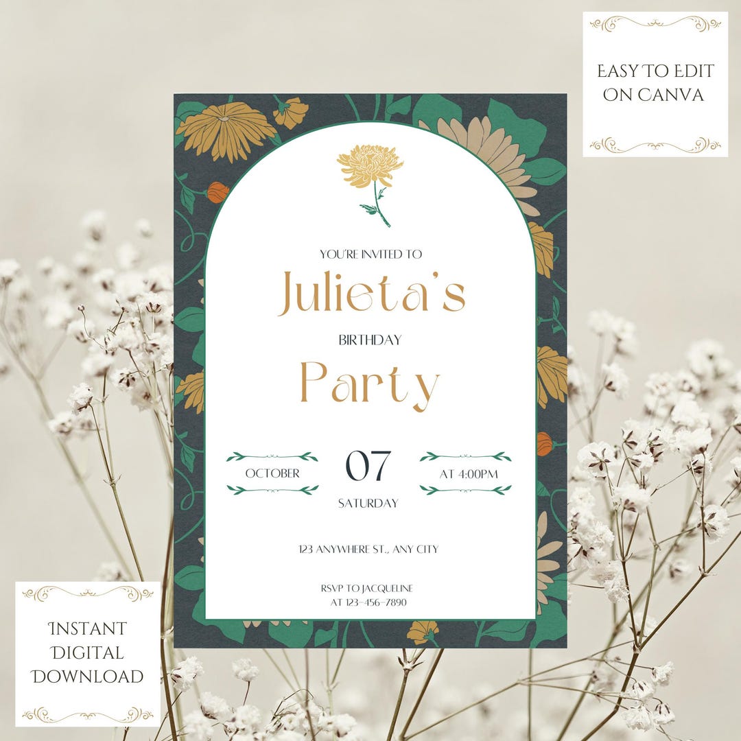 November Birth Flower Birthday Invitation, Editable Digital Template ...