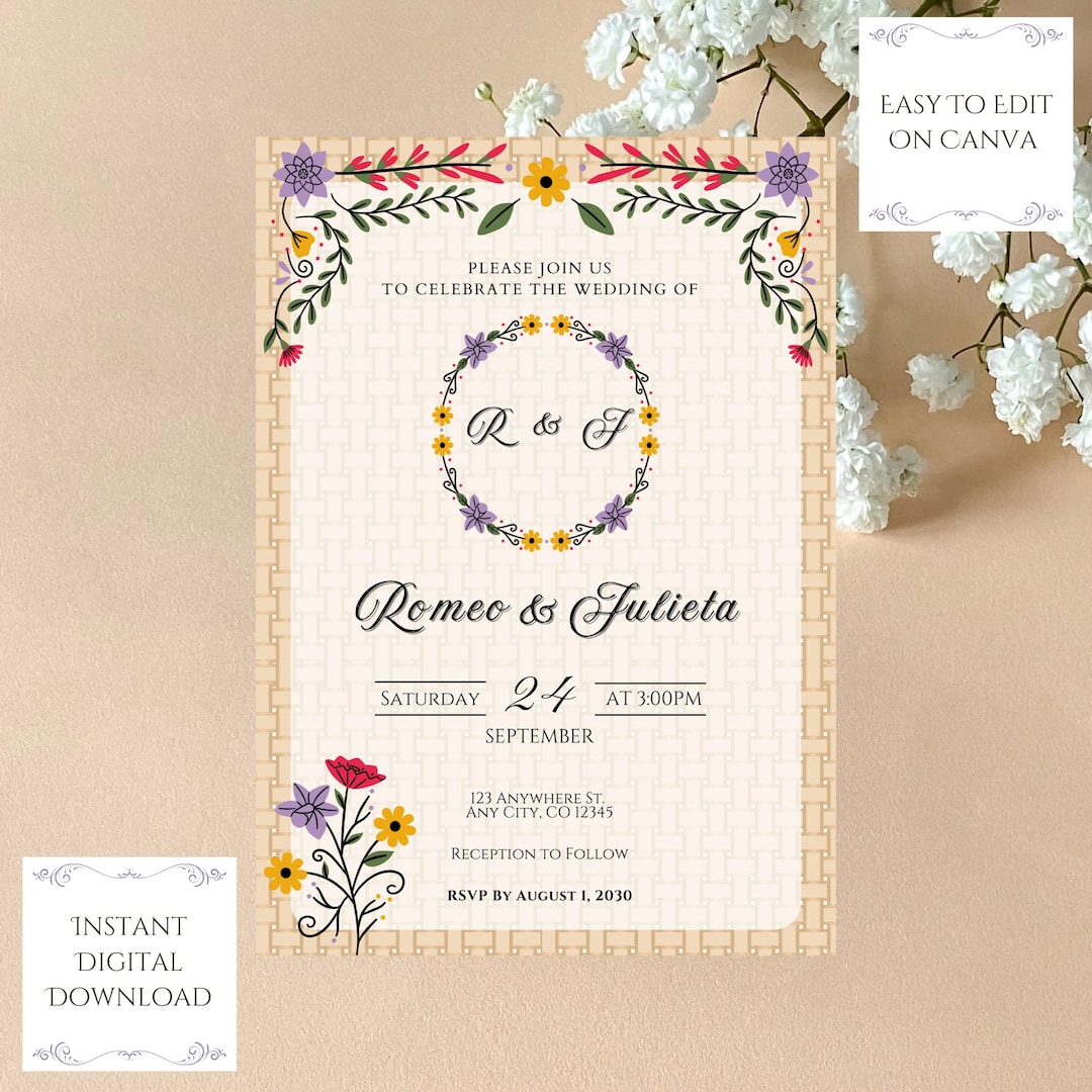 Basket Flowers Wedding Invitation, Editable Digital Template, Parties ...