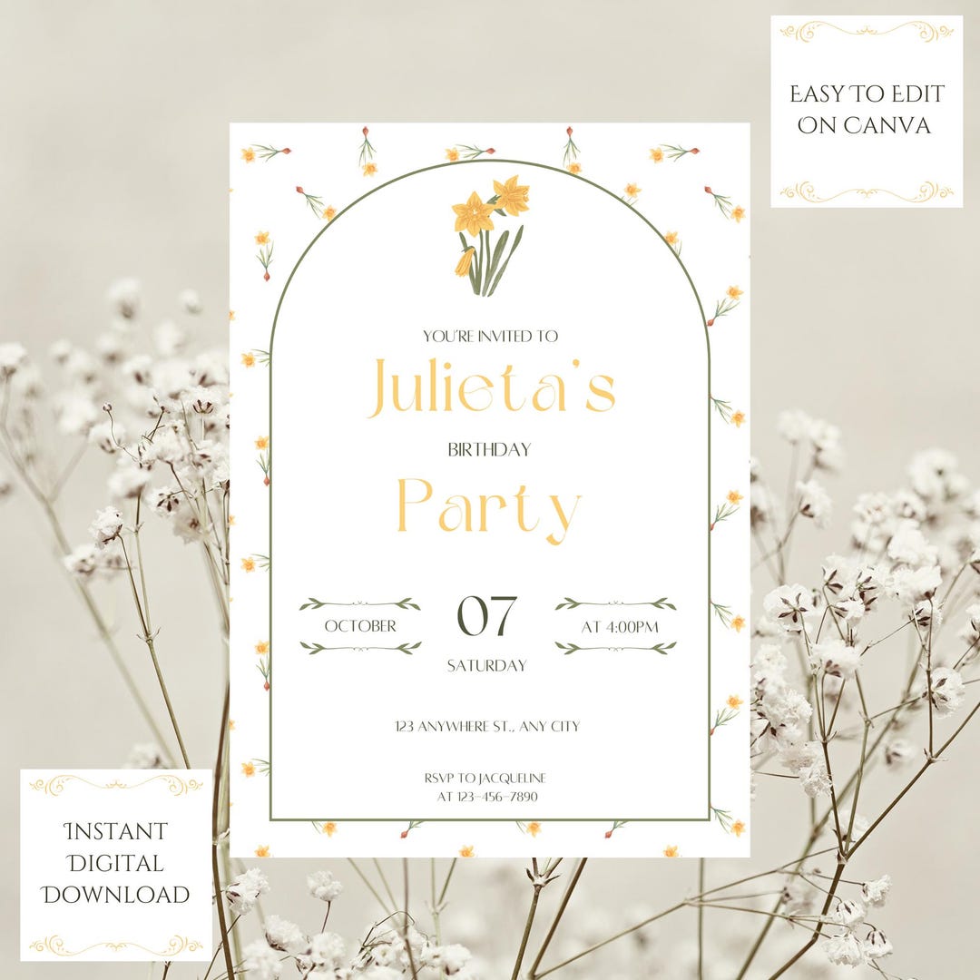 March Birth Flower Birthday Invitation, Editable Digital Template ...