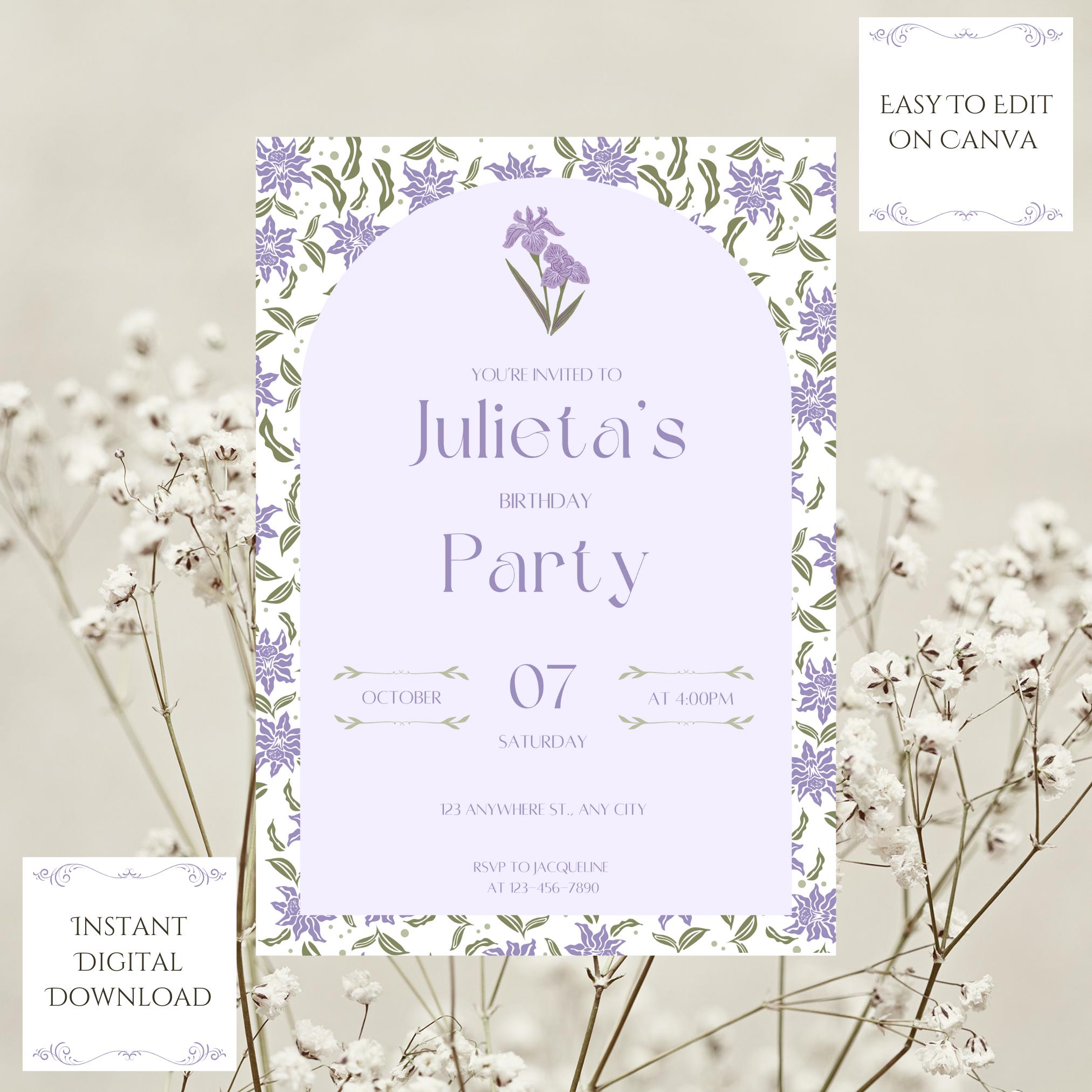February Birth Flower Birthday Invitation, Editable Digital Template ...