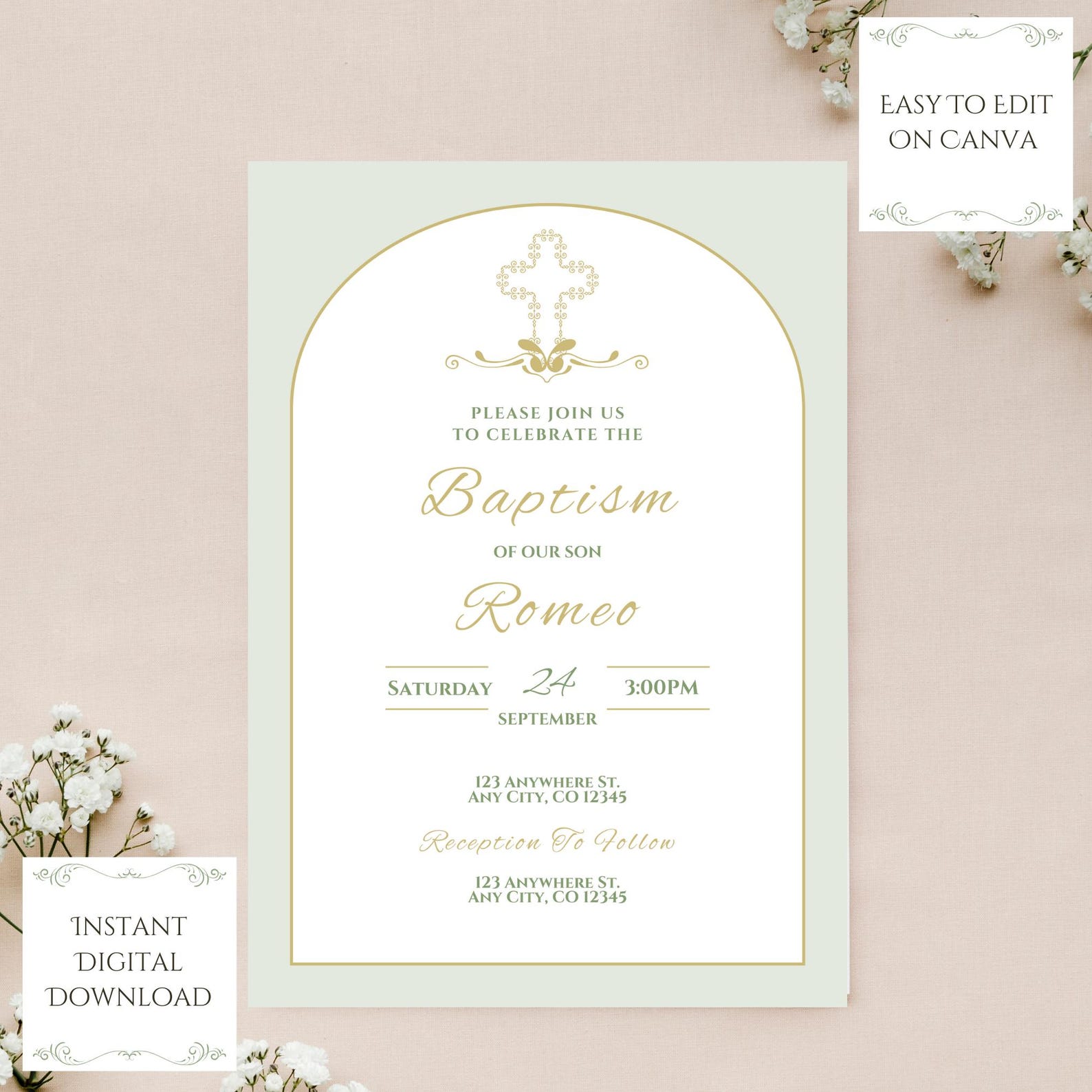 Green and Gold Baptism Invitation, Editable Digital Template, Neutral ...
