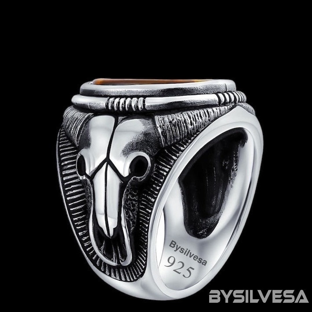 Bull Skull Silver Signet Mens Ring Tiger Eye Gemstone Silver - Etsy