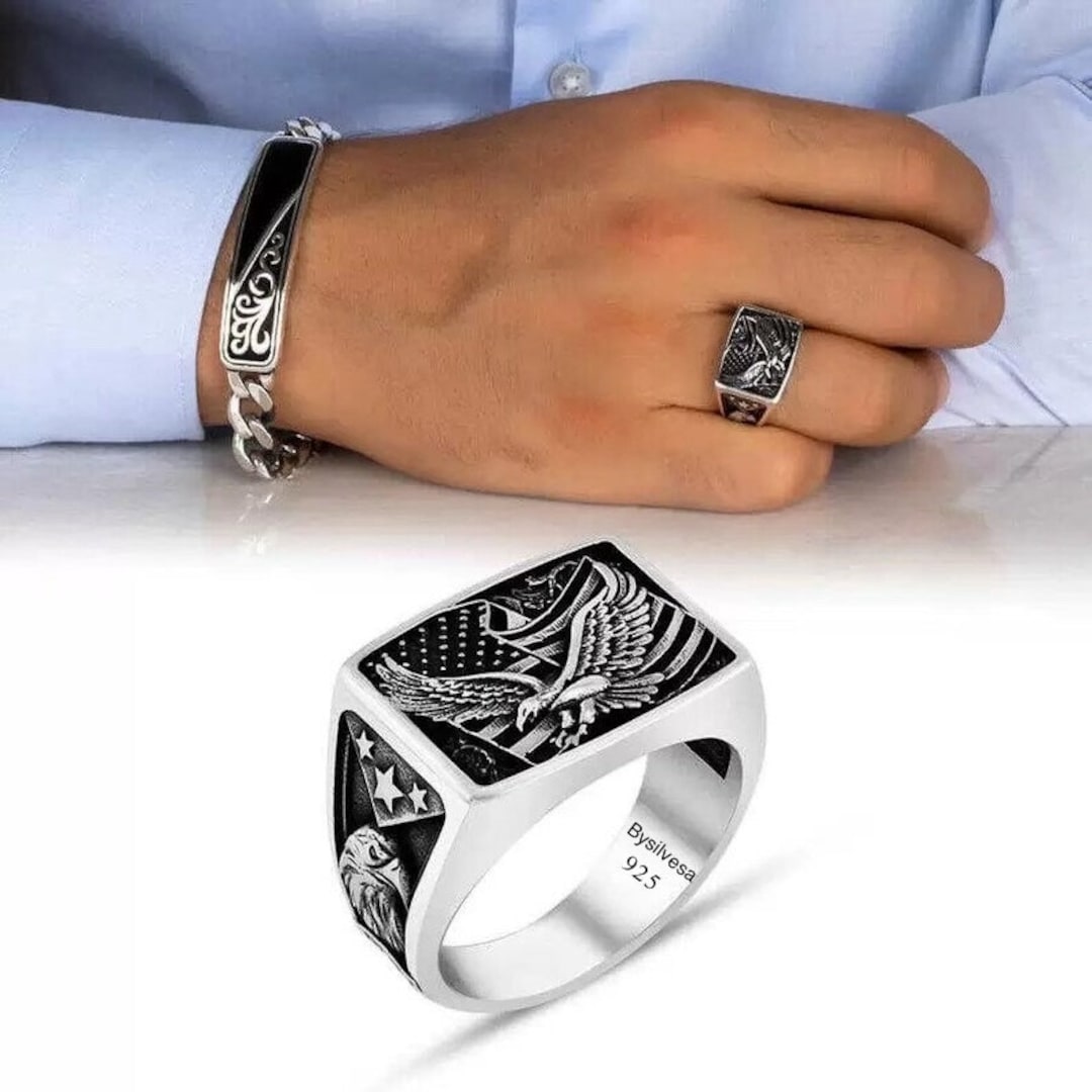 Winged American Eagle Signet Ring for Men, Patriotic Ring, Handmade ...