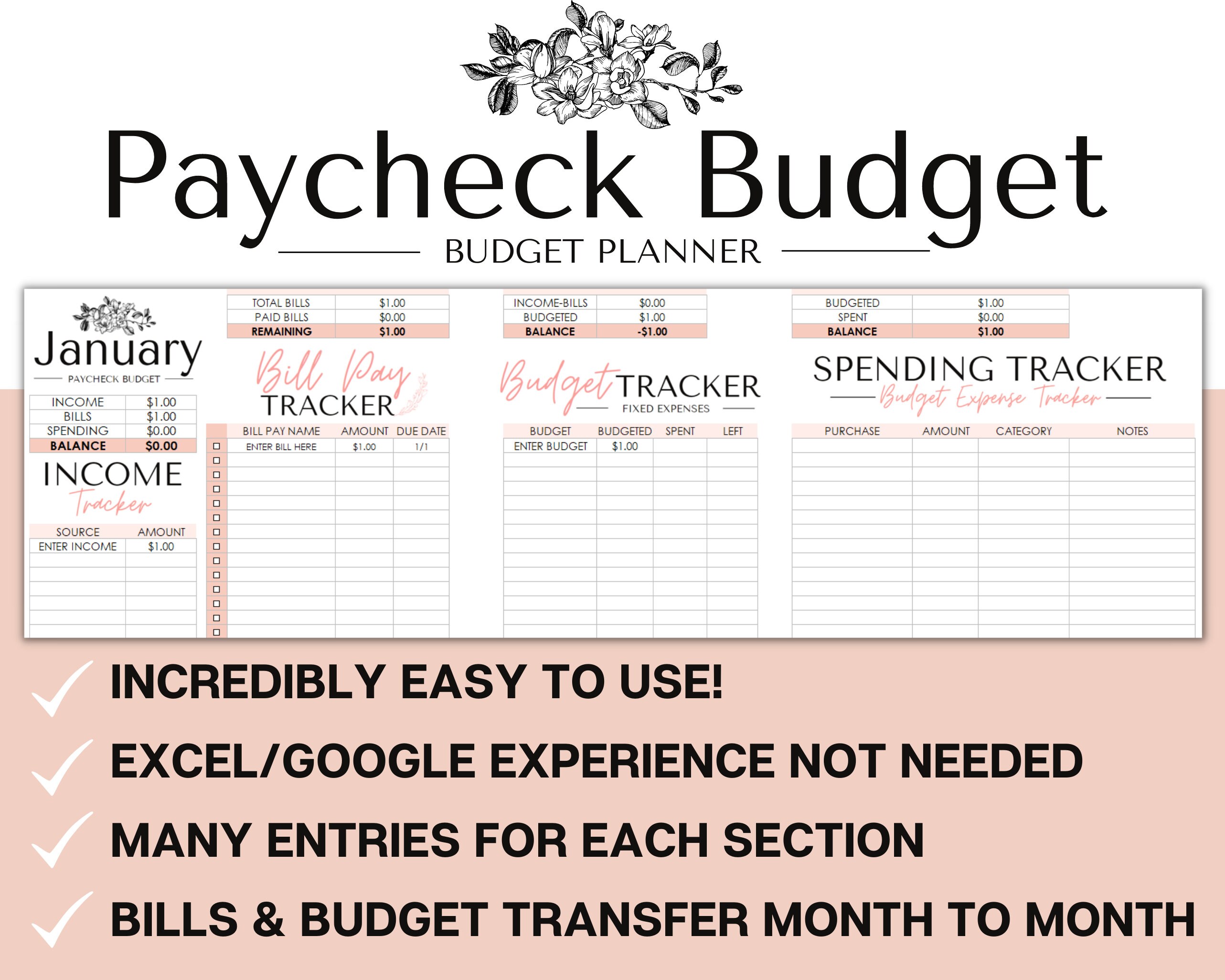 Excel Budget Template Planner Weekly Paycheck Digital Spreadsheet ...
