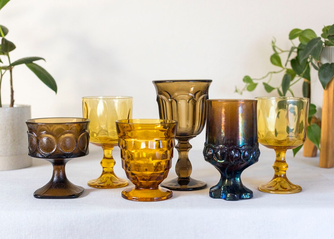 Vintage Mismatched Goblets Amber Glass Goblets Groovy Glass - Etsy