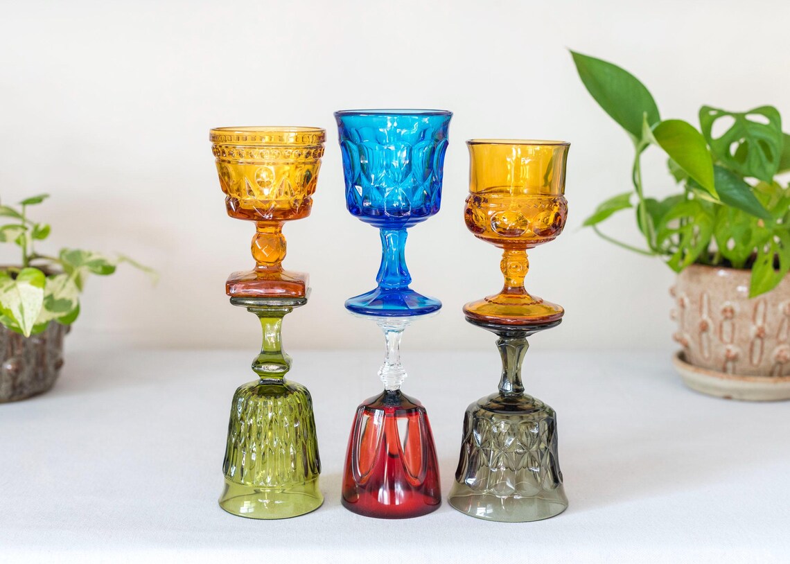 MISMATCHED COLORFUL GOBLETS, Vintage Multicolor Goblets, Retro Barware ...