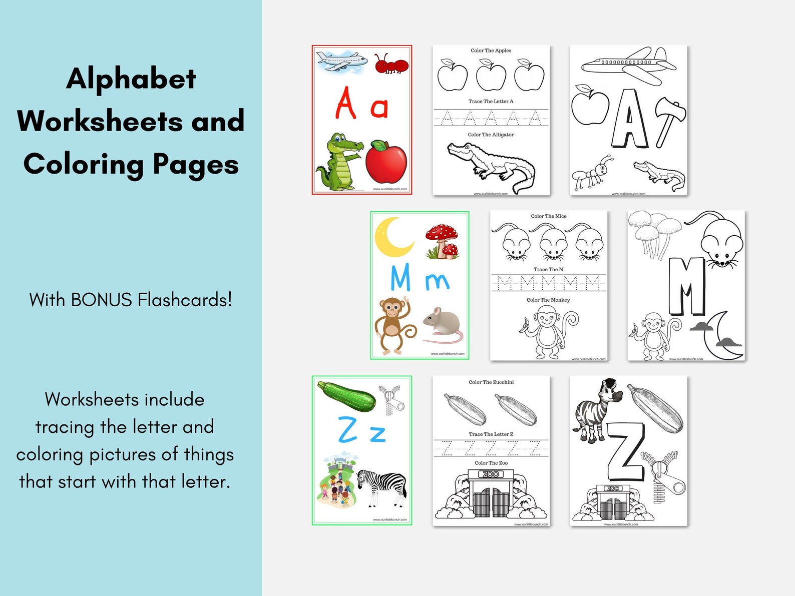Alphabet Worksheets and Coloring Pages With BONUS Flashcards Homeschool ...
