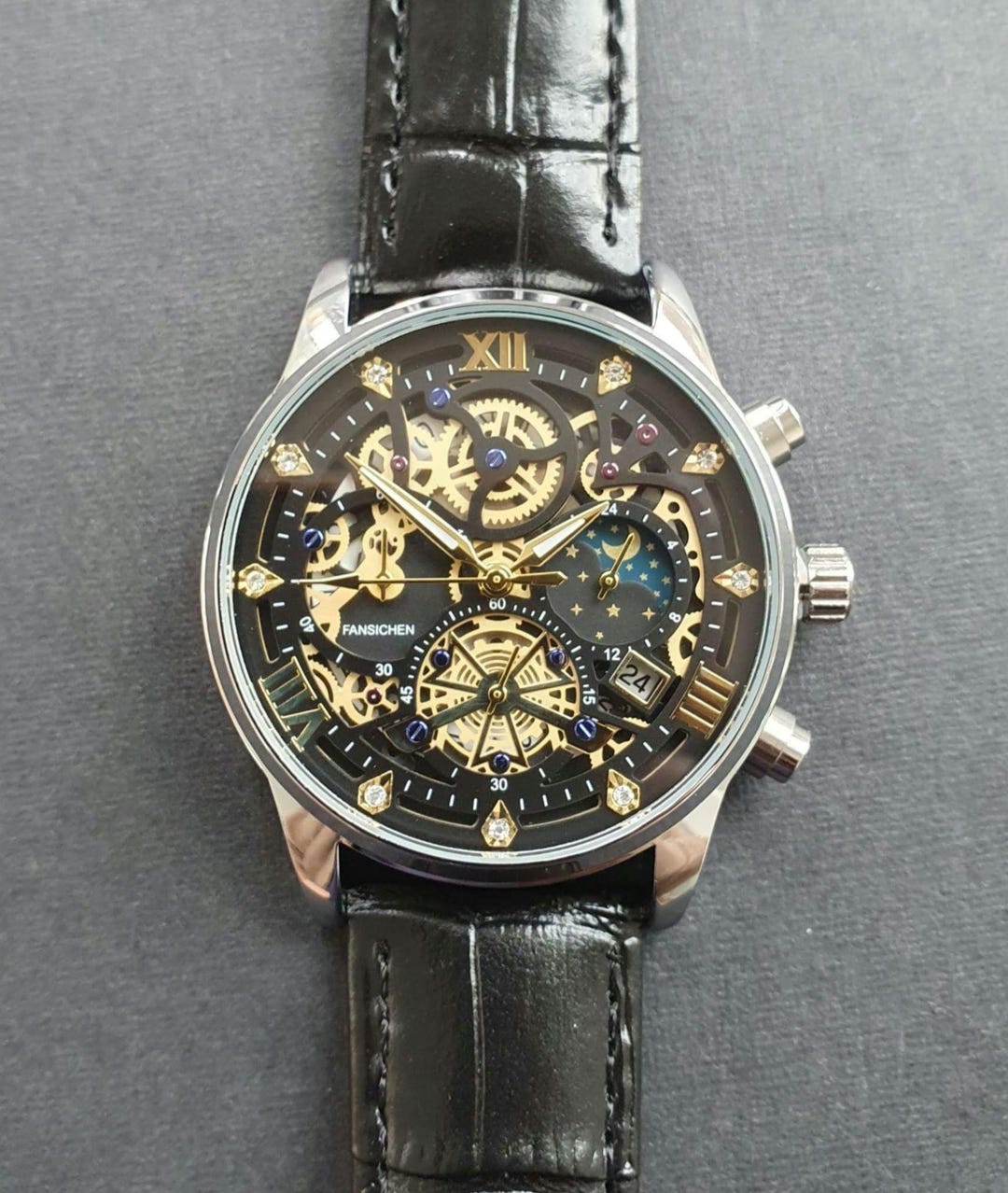 Men Chronograph Watch Moon Phase Skeleton Classic Smart Casual Business ...