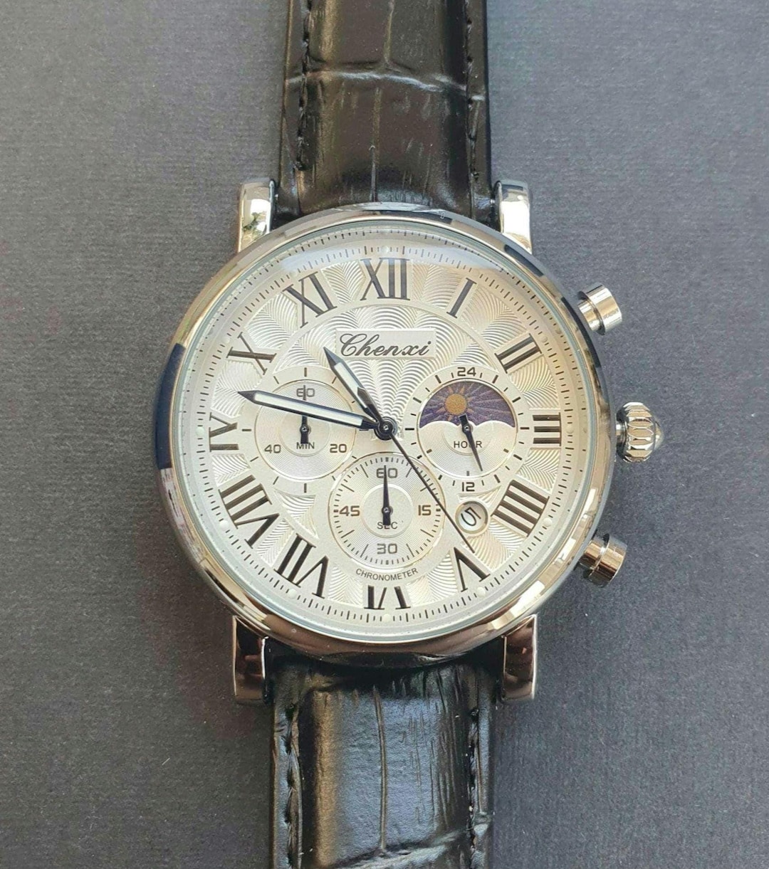 Men Chronograph Watch Moon Phase Luminous Classic Smart Casual Business ...