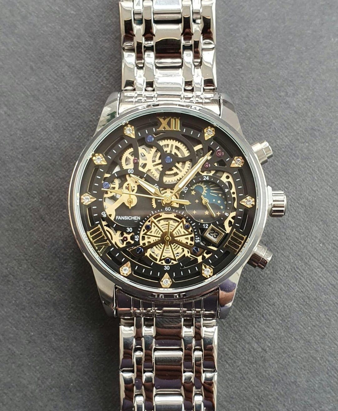 Men Chronograph Watch Moon Phase Skeleton Classic Smart Business Luxury ...