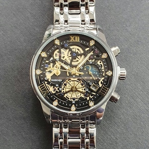 Men Chronograph Watch Moon Phase Skeleton Classic Smart Business Luxury ...