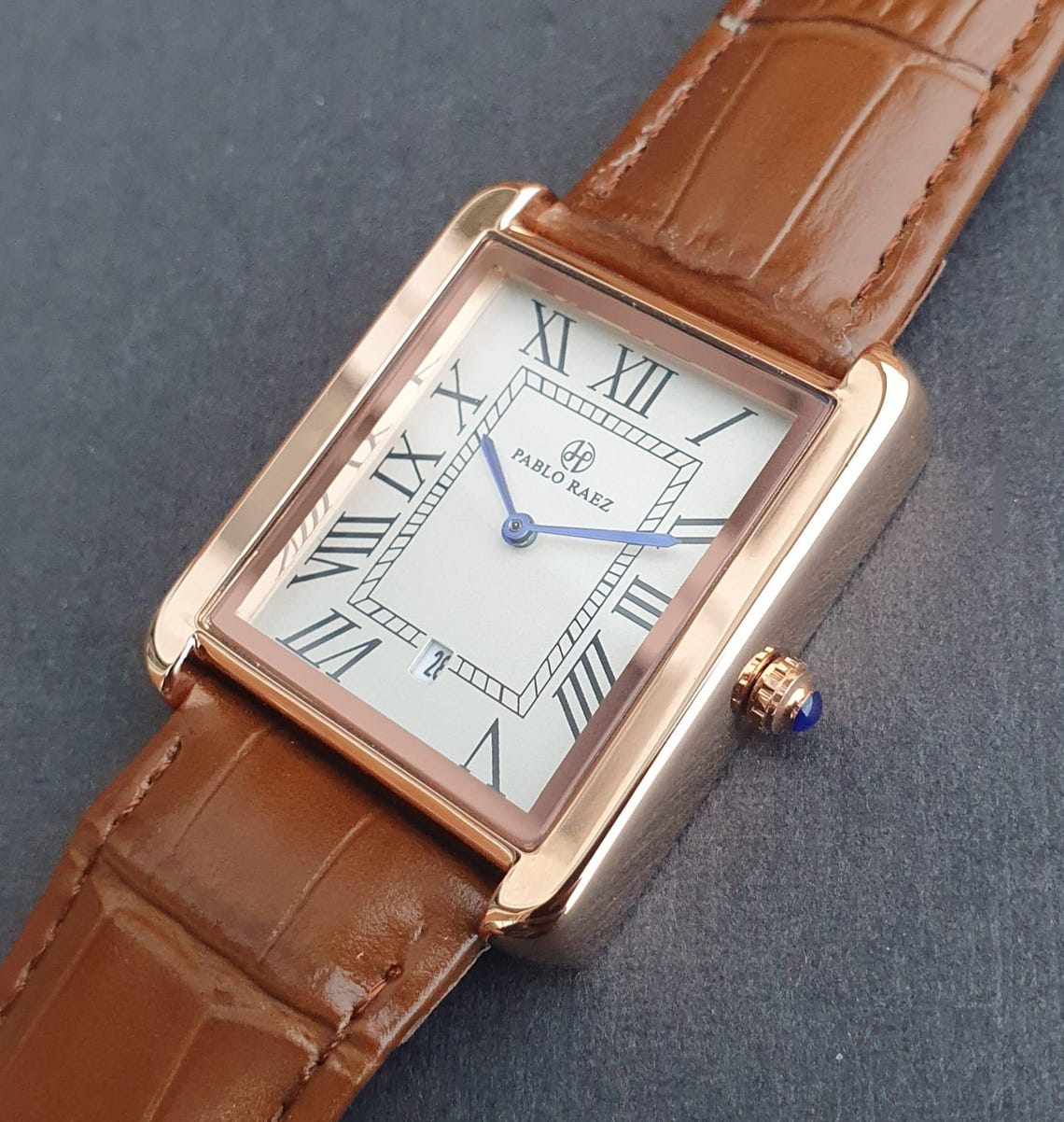 Men Classic Watch Square Rectangular Brown Leather Strap Roman Numeral ...