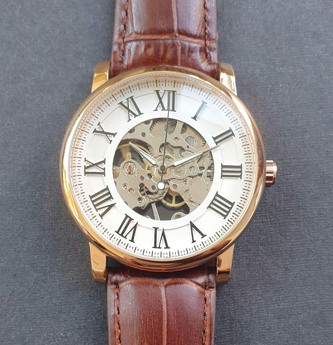 Men Automatic Watch Manual Winding Mechanical Movement Skeleton Rose ...