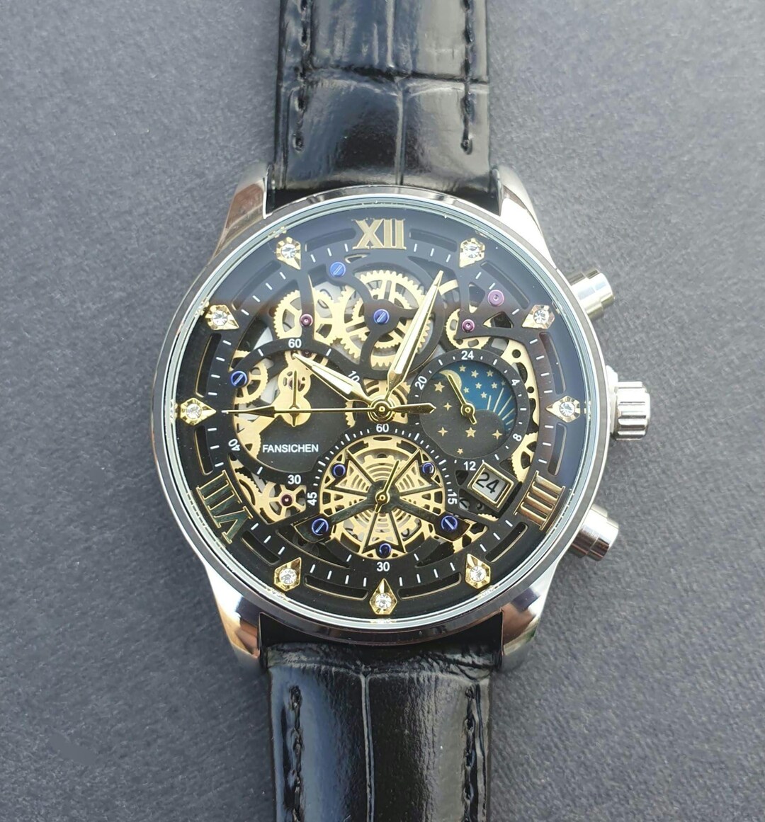 Men Chronograph Watch Moon Phase Skeleton Classic Smart Casual Business ...