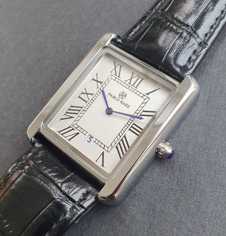 Men Classic Watch Square Rectangular Black Leather Strap Roman Numeral ...