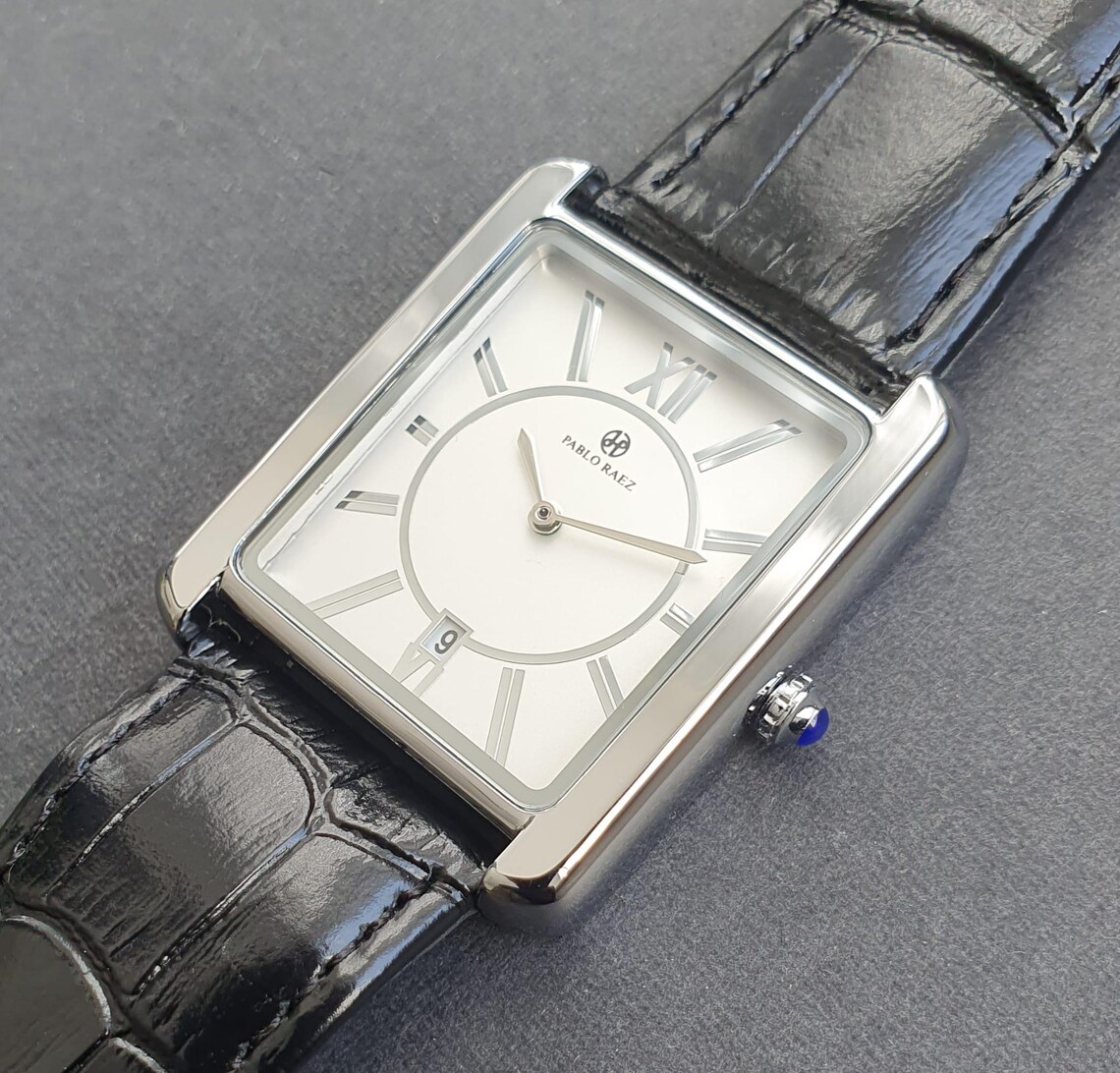 Men Classic Watch Square Rectangular Black Leather Strap Roman Numeral ...
