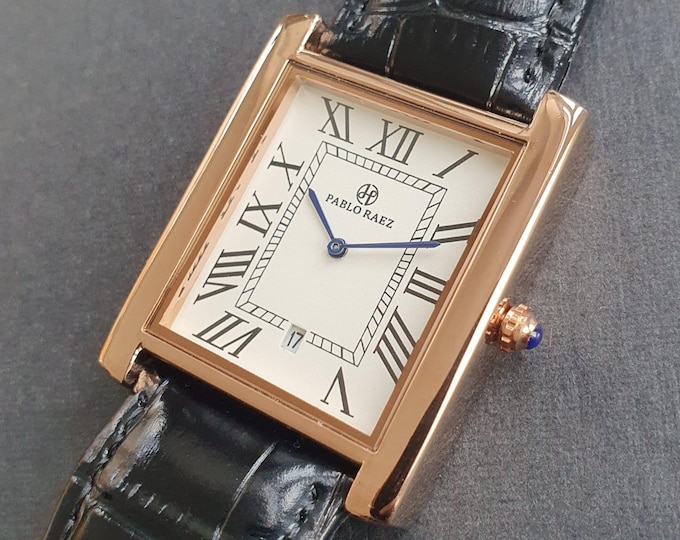 Men Classic Watch Square Rectangular Black Leather Strap Roman Numeral ...
