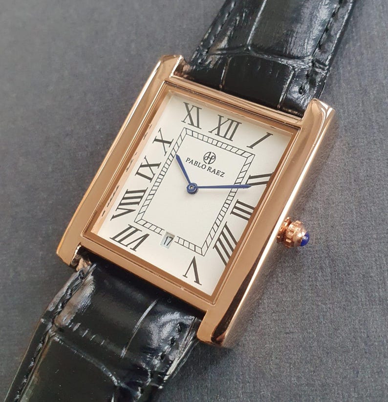 Men Classic Watch Square Rectangular Black Leather Strap Roman Numeral ...
