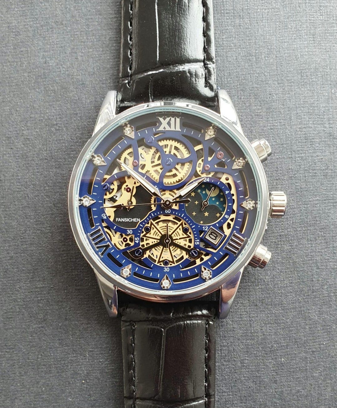 Men Chronograph Watch Moon Phase Skeleton Classic Smart Casual Business ...