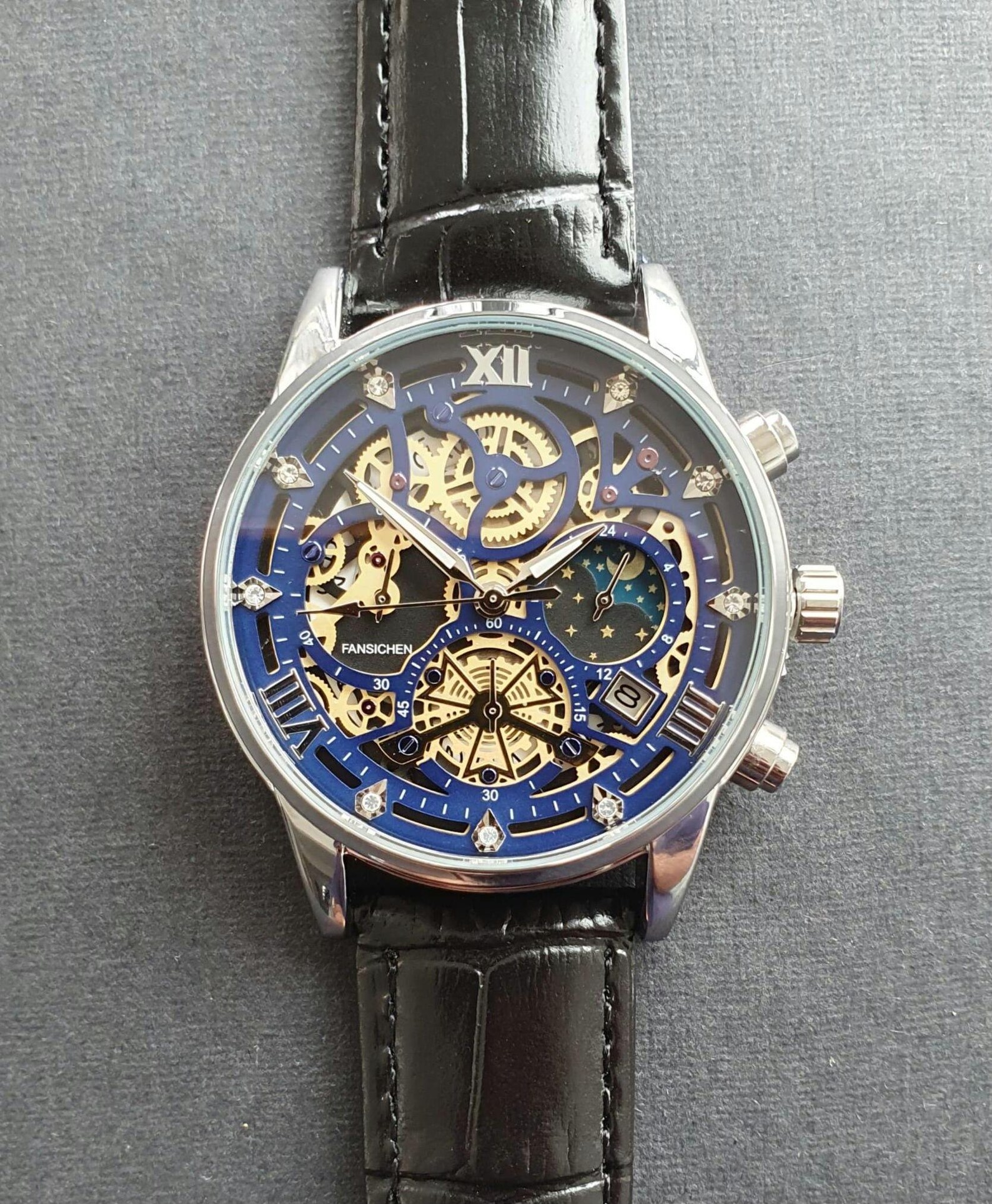 Men Chronograph Watch Moon Phase Skeleton Classic Smart Casual Business ...