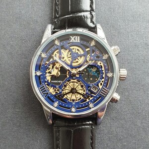 Men Chronograph Watch Moon Phase Skeleton Classic Smart Casual Business ...