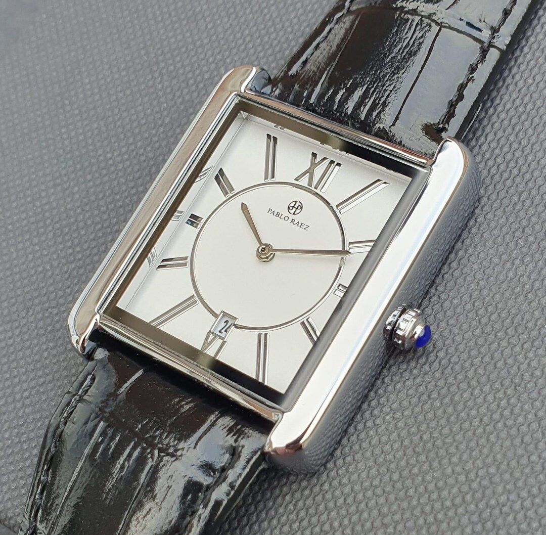 Men Classic Watch Square Rectangular Black Leather Strap Roman Numeral ...