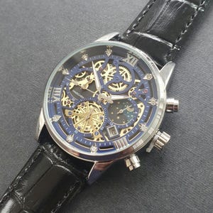 Men Chronograph Watch Moon Phase Skeleton Classic Smart Casual Business ...