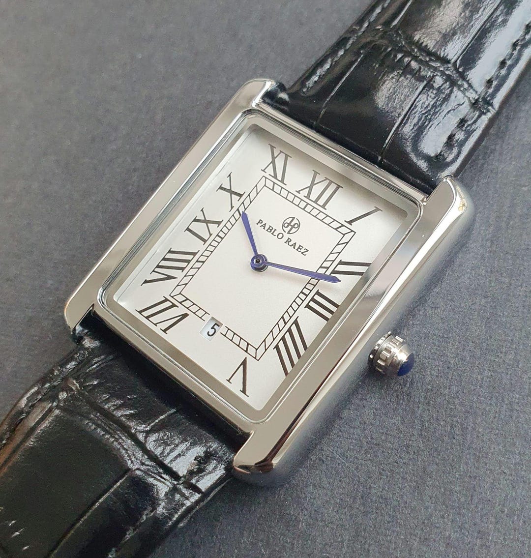 Men Classic Watch Square Rectangular Black Leather Strap Roman Numeral ...